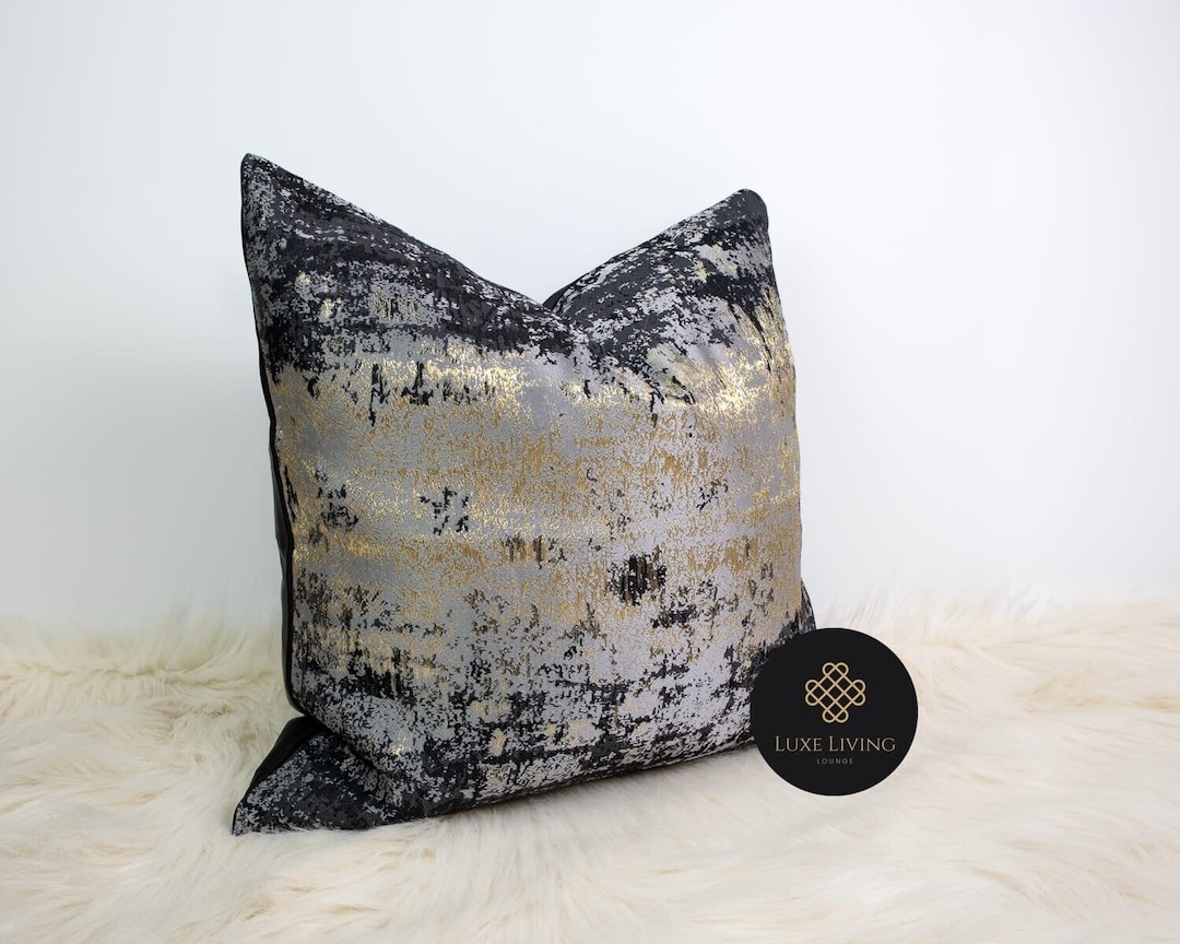 Luxe Metallic Silver Pillow Cover With Organic Gold and Black Woven ...