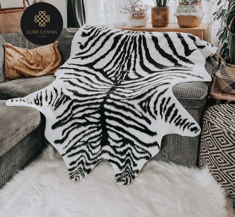 Luxe Black & White Faux Zebra Print Area Rug | Monochrome Modern Scandi ...