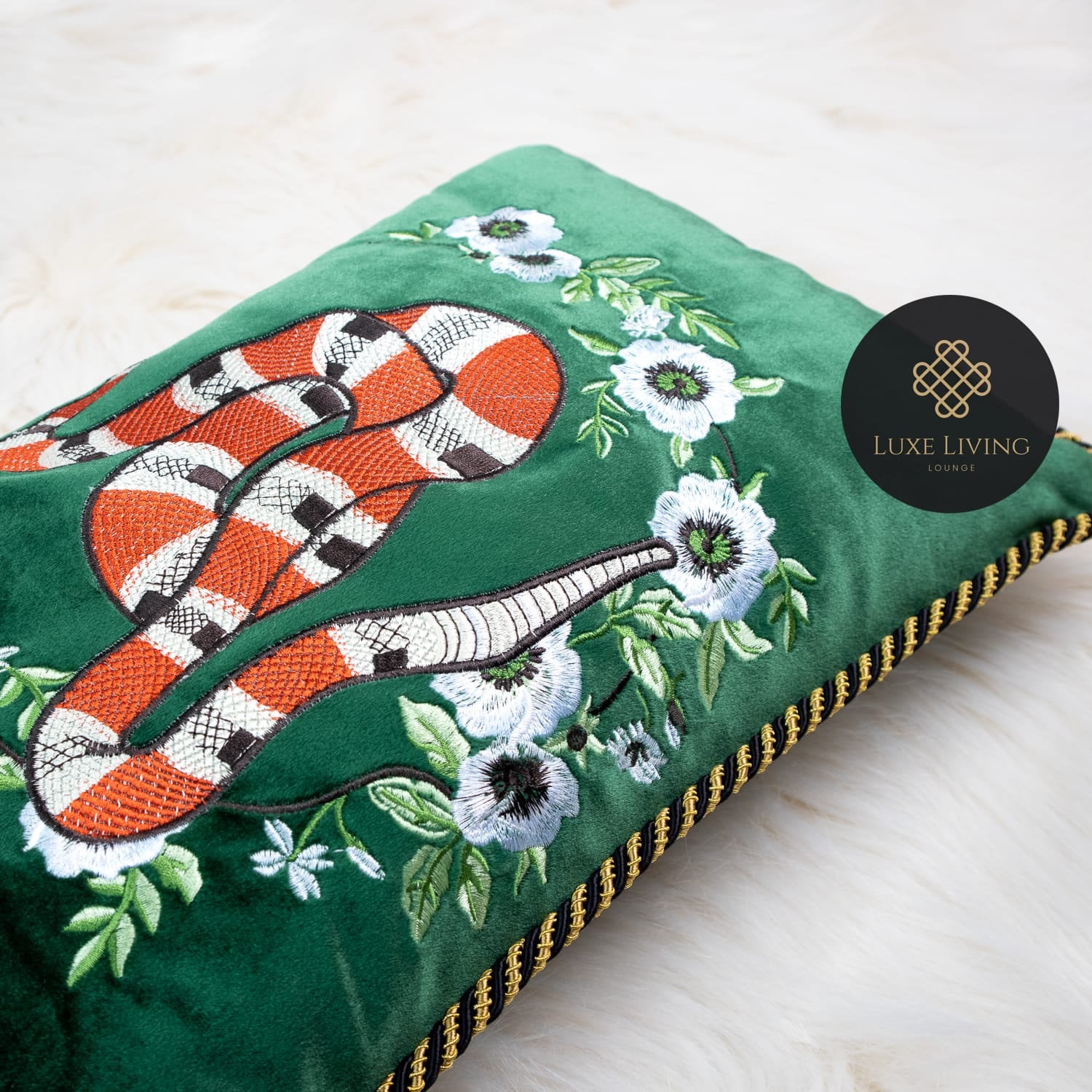 Luxe Embroidered Snake & Flowers Velvet Pillow Cover no Filling Luxury ...