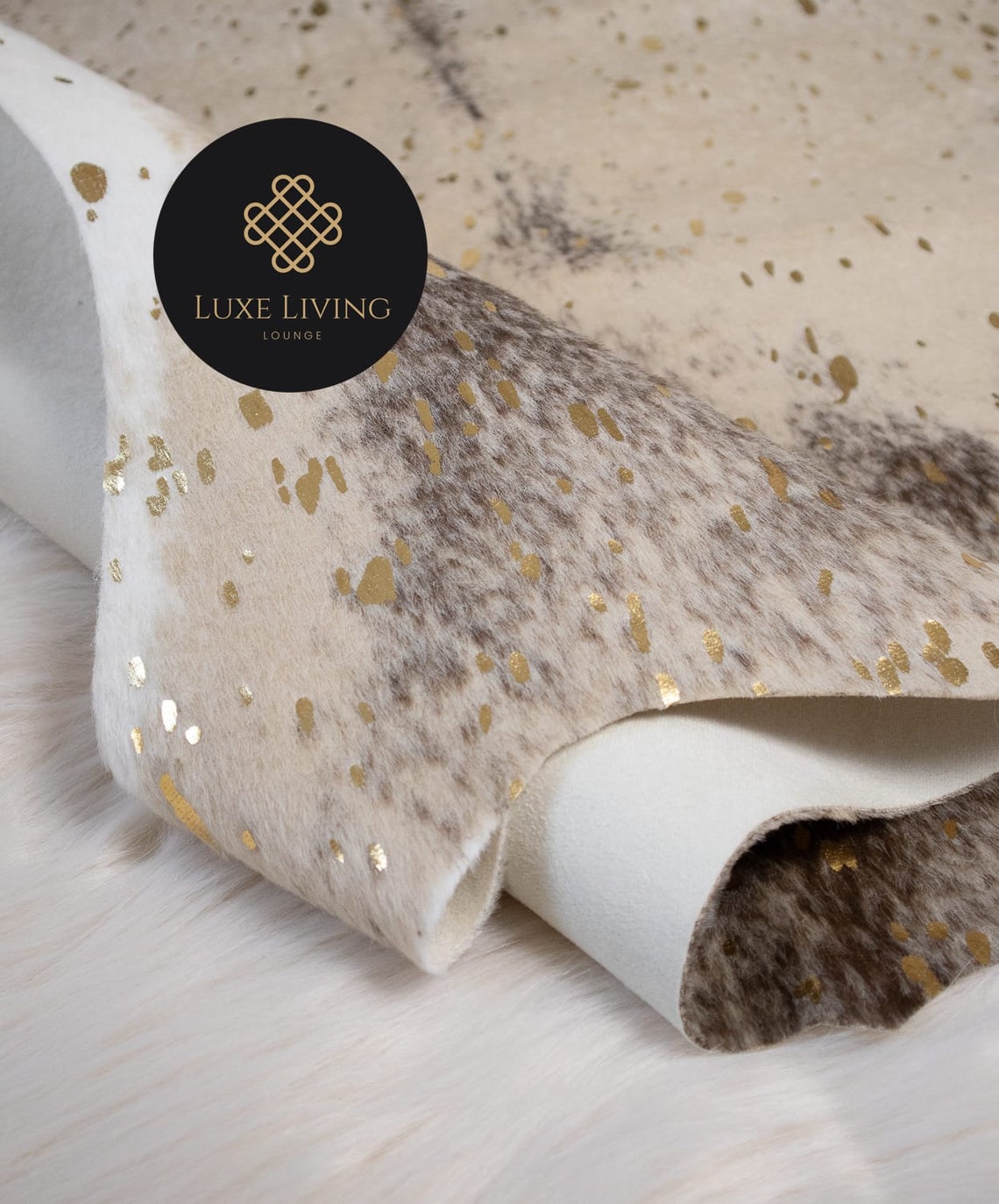 Luxe Neutral Chic Faux Fur Cowhide With Metallic Gold Spots | Bedroom ...