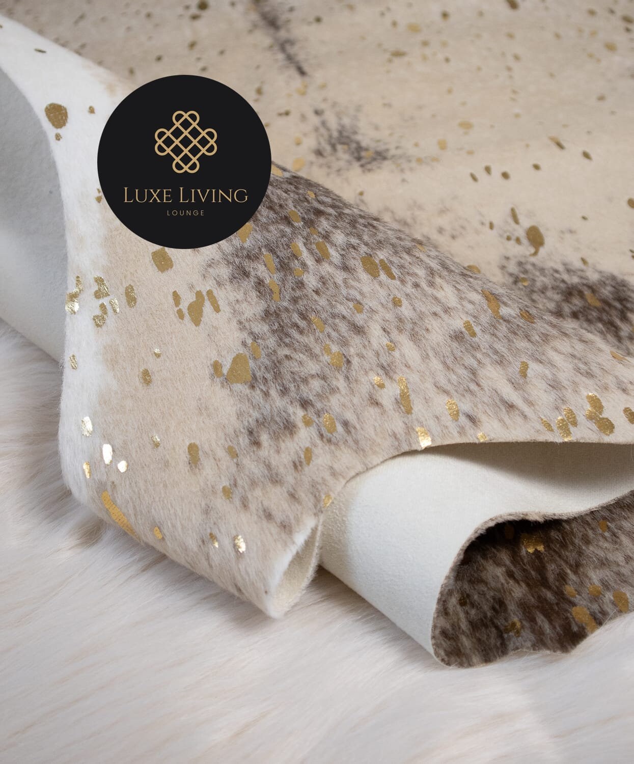 Luxe Neutral Chic Faux Fur Cowhide With Metallic Gold Spots | Bedroom ...