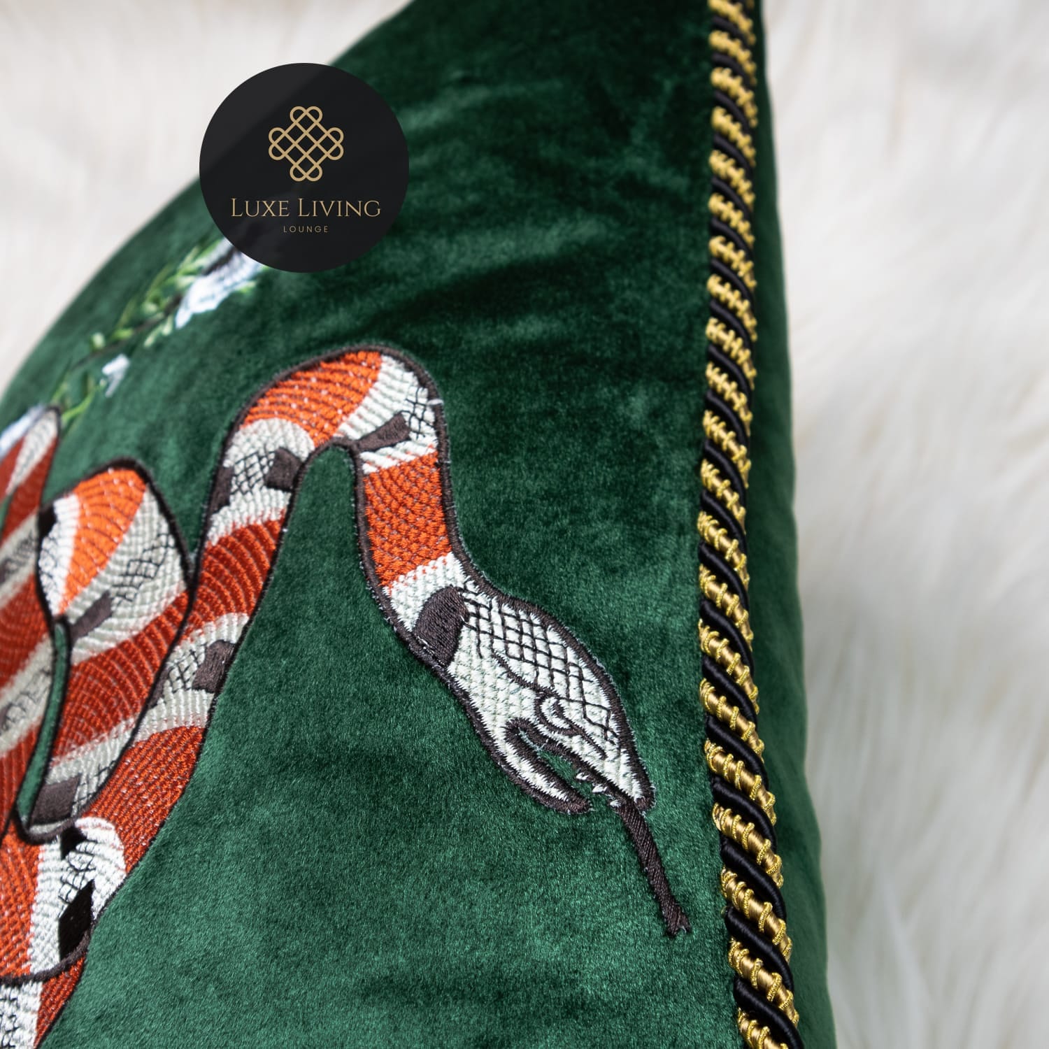 Luxe Embroidered Snake & Flowers Velvet Pillow Cover no Filling Luxury Dark Green Python Lumbar ...