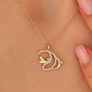 14K Gold Fish Shape Diamond Necklace/ Mini Diamond Fish Necklace/ 14K ...