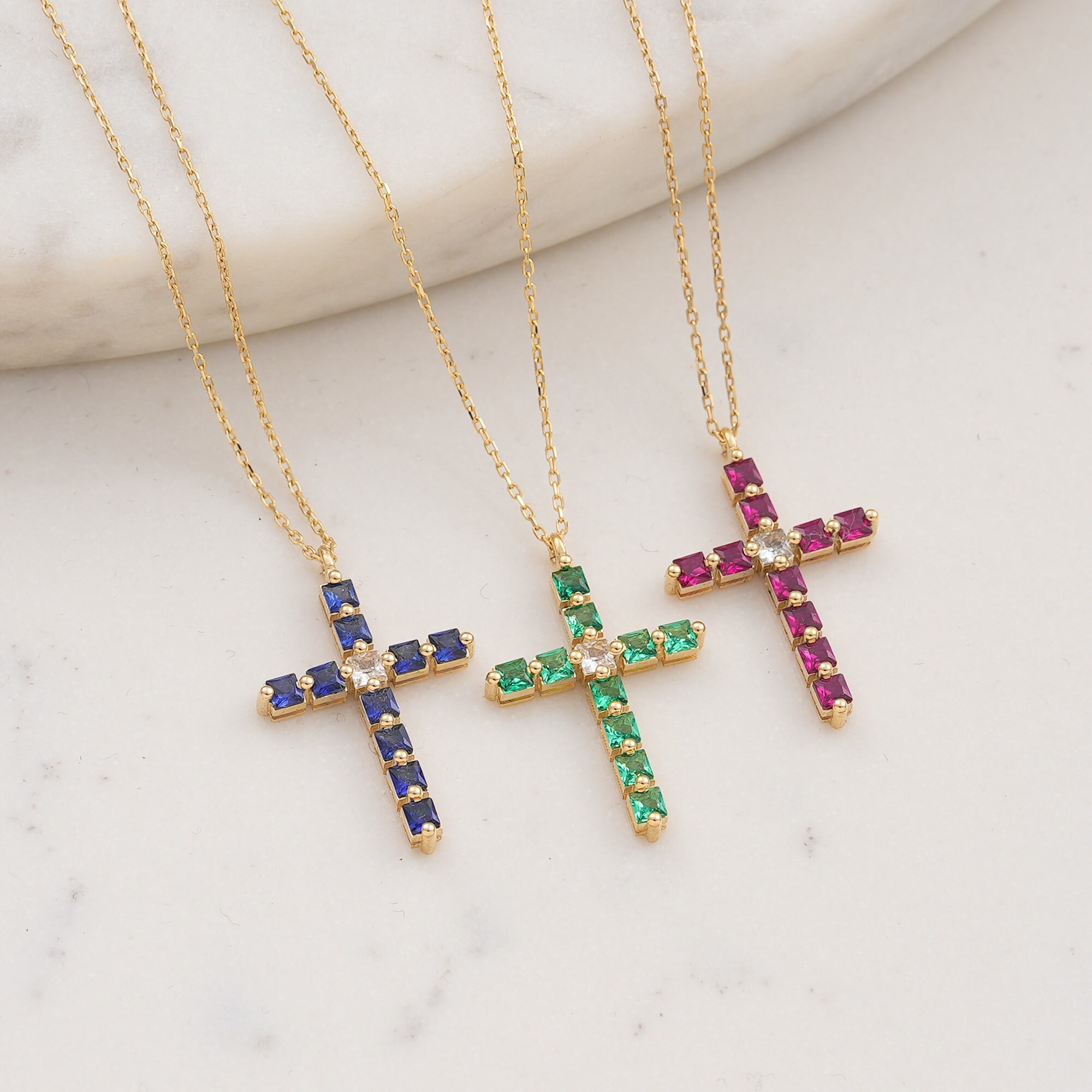 Princess Cut Diamond and Ruby Cross Necklace in 14k Gold for Women Gold ...