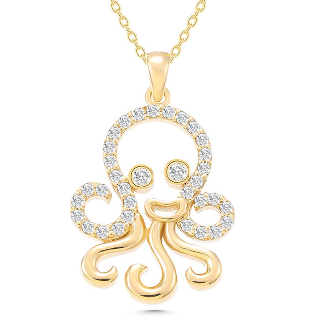 14K Gold Octopus Shape Diamond Necklace/ Mini Diamond Octopus Necklace ...