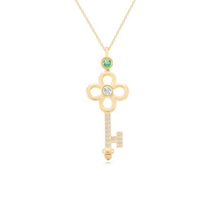 14K Gold Key Necklace: Emerald & Diamond Pendant - Etsy