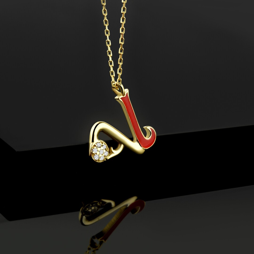 Red Enamel V Letter Diamond Necklace, 14K Gold Enamel Necklace, Mini ...