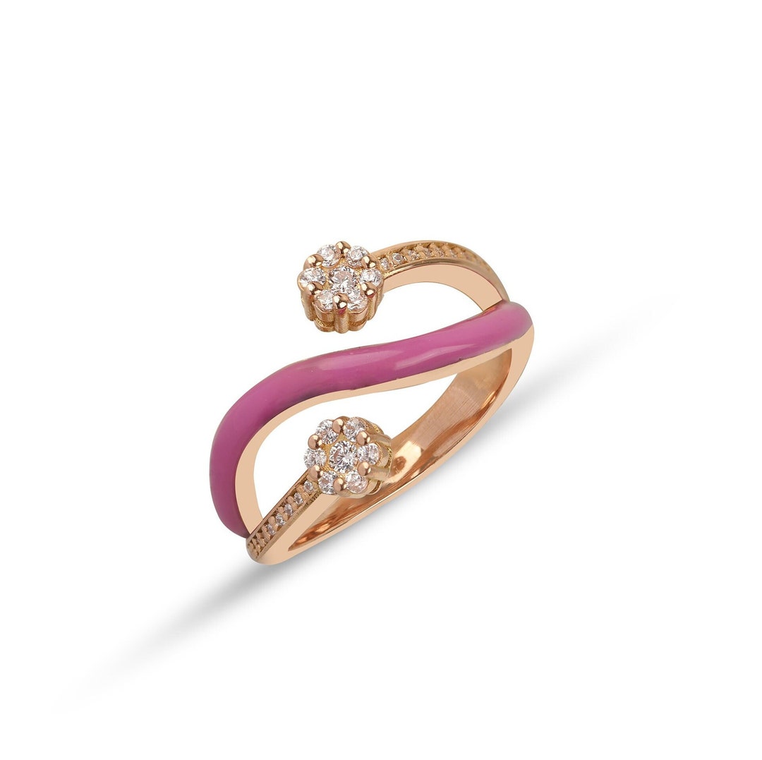 14K Pink Enameled Flowers Themed Diamond Ring, 14K Diamond Ring, Flower ...