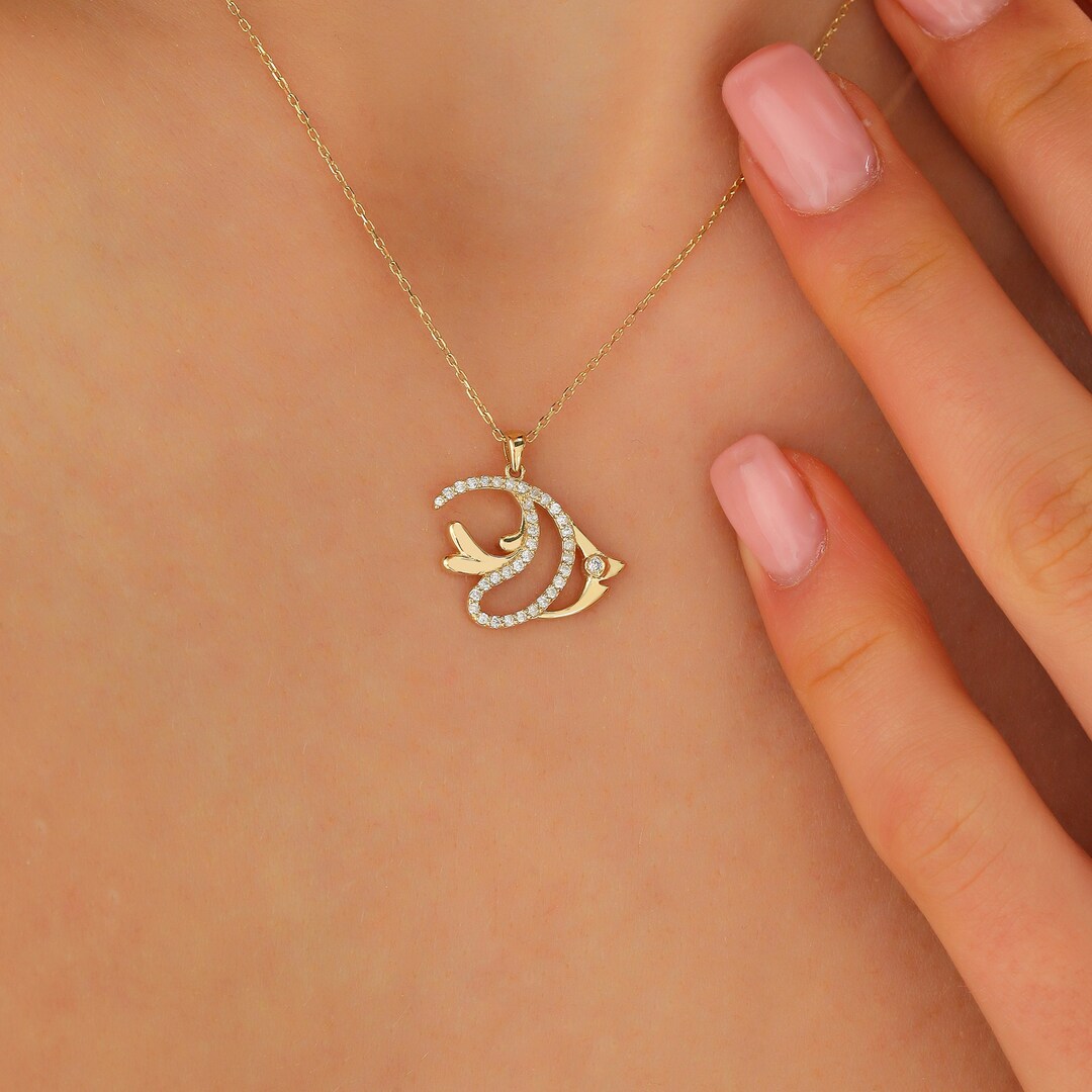 14K Gold Fish Shape Diamond Necklace/ Mini Diamond Fish - Etsy