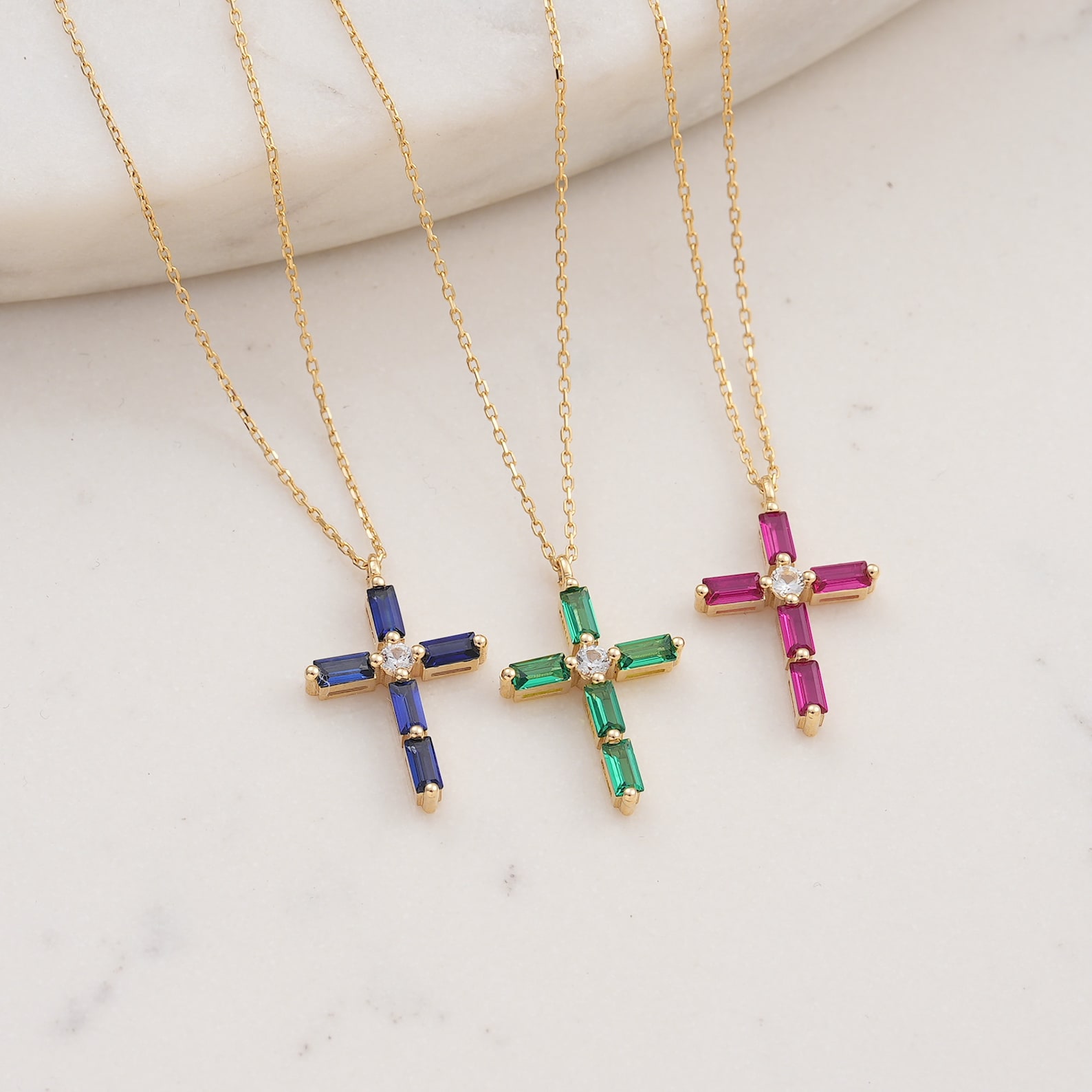 Diamond Cross Necklace in 14k Emerald Baguette Gold for Women • Gold ...