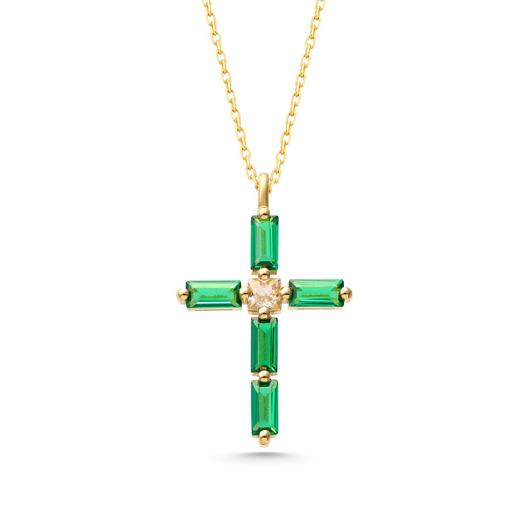 Princess Cut Diamond Cross Necklace in 14k Emerald Baguette Gold for ...