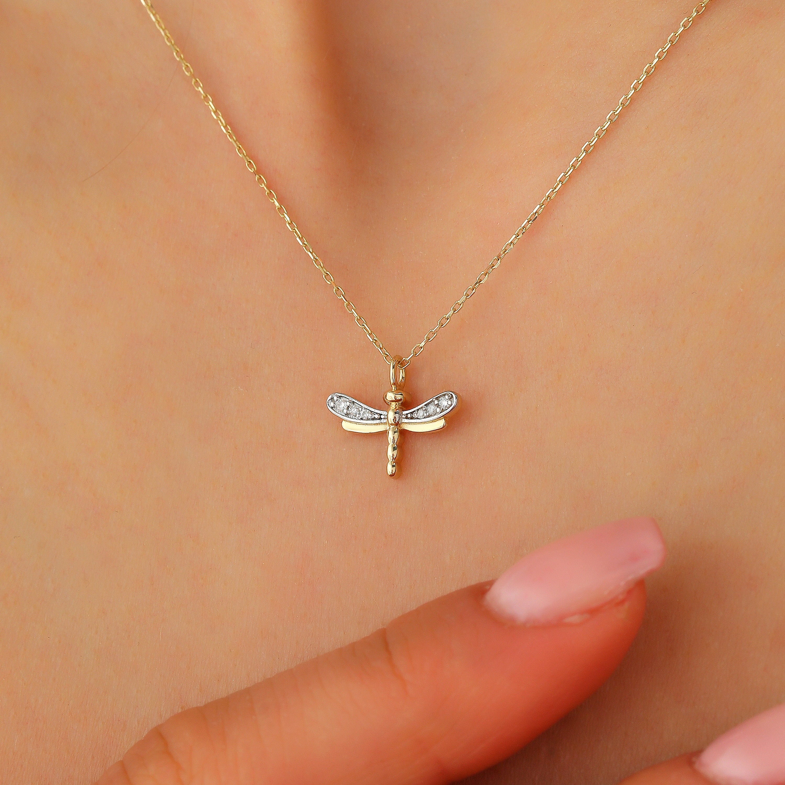 14K Gold Dragonfly Shape Diamond Necklace/ Mini Diamond Dragonfly ...
