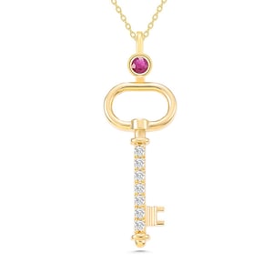 14K Gold Key Necklace: Diamond & Ruby Pendant - Etsy