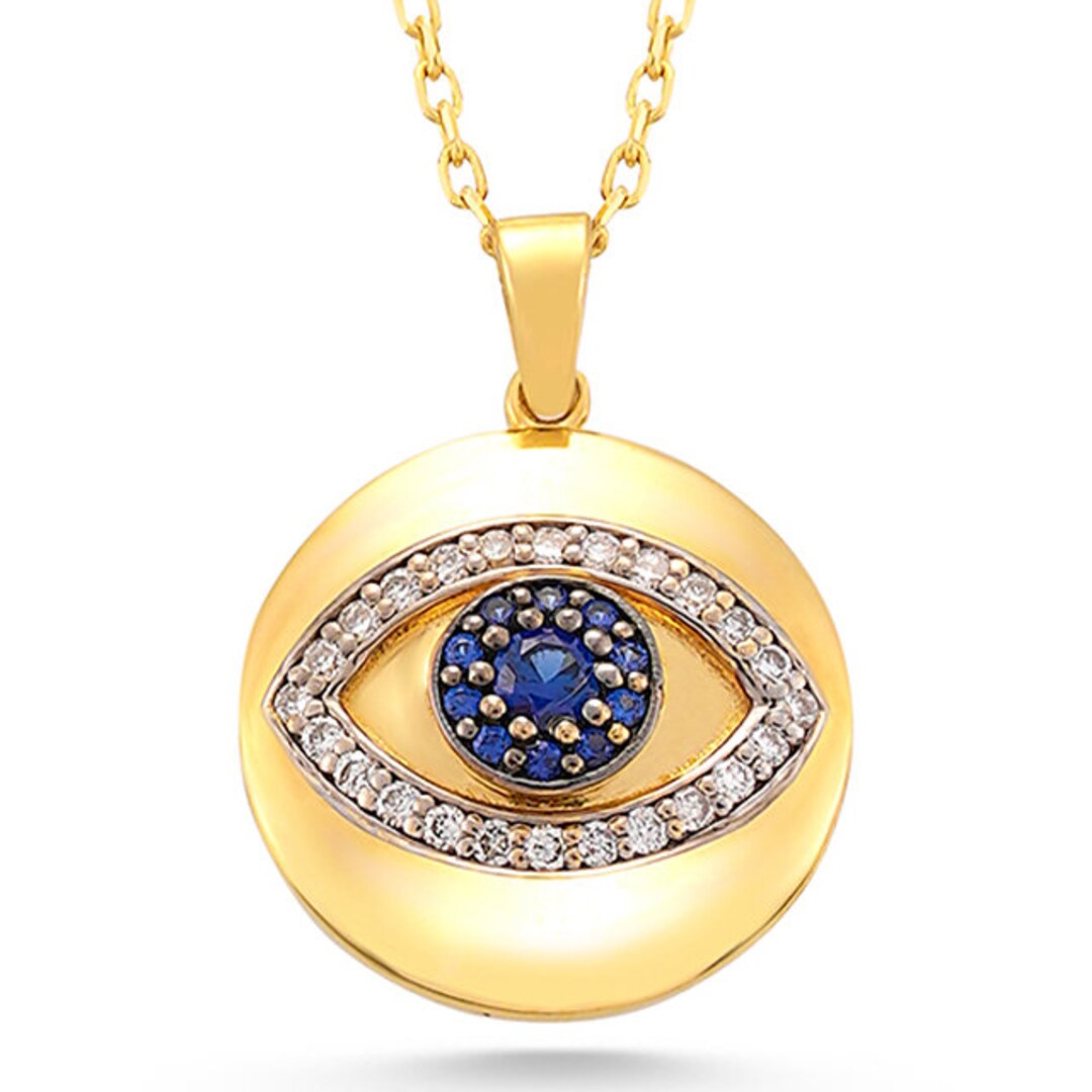 14K Gold Eye Necklace: Diamond & Sapphire Evil Eye Charm - Etsy