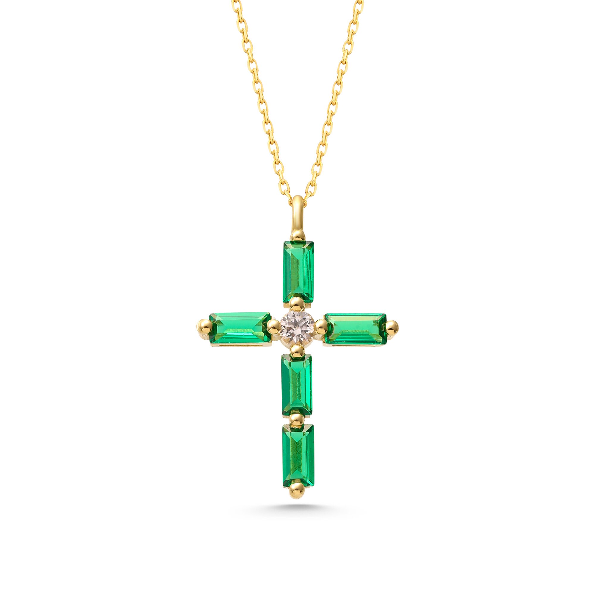 Diamond Cross Necklace in 14k Emerald Baguette Gold for Women • Gold ...