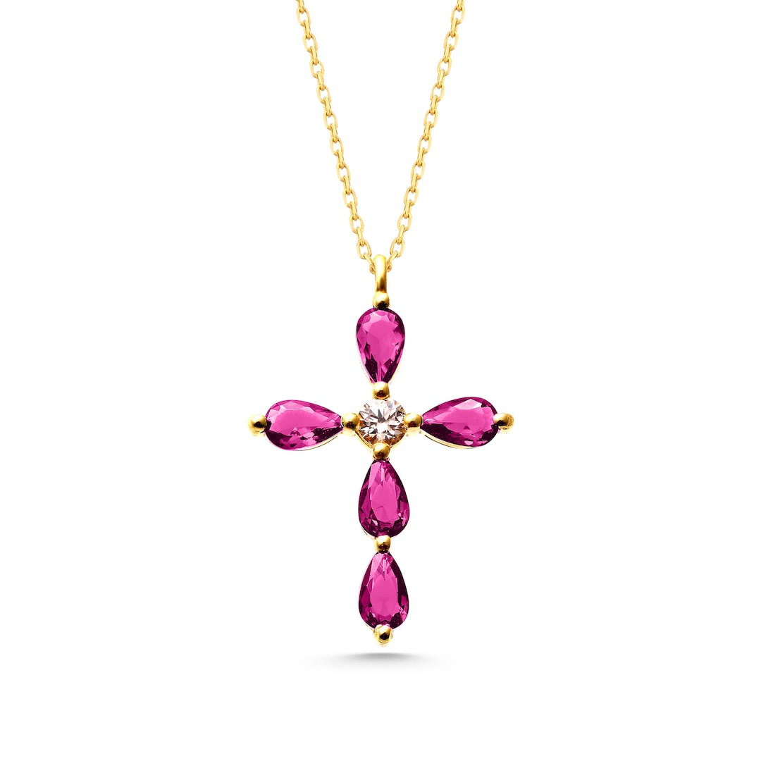 Ruby Diamond Cross Necklace: 14k Gold Religious Jewelry - Etsy