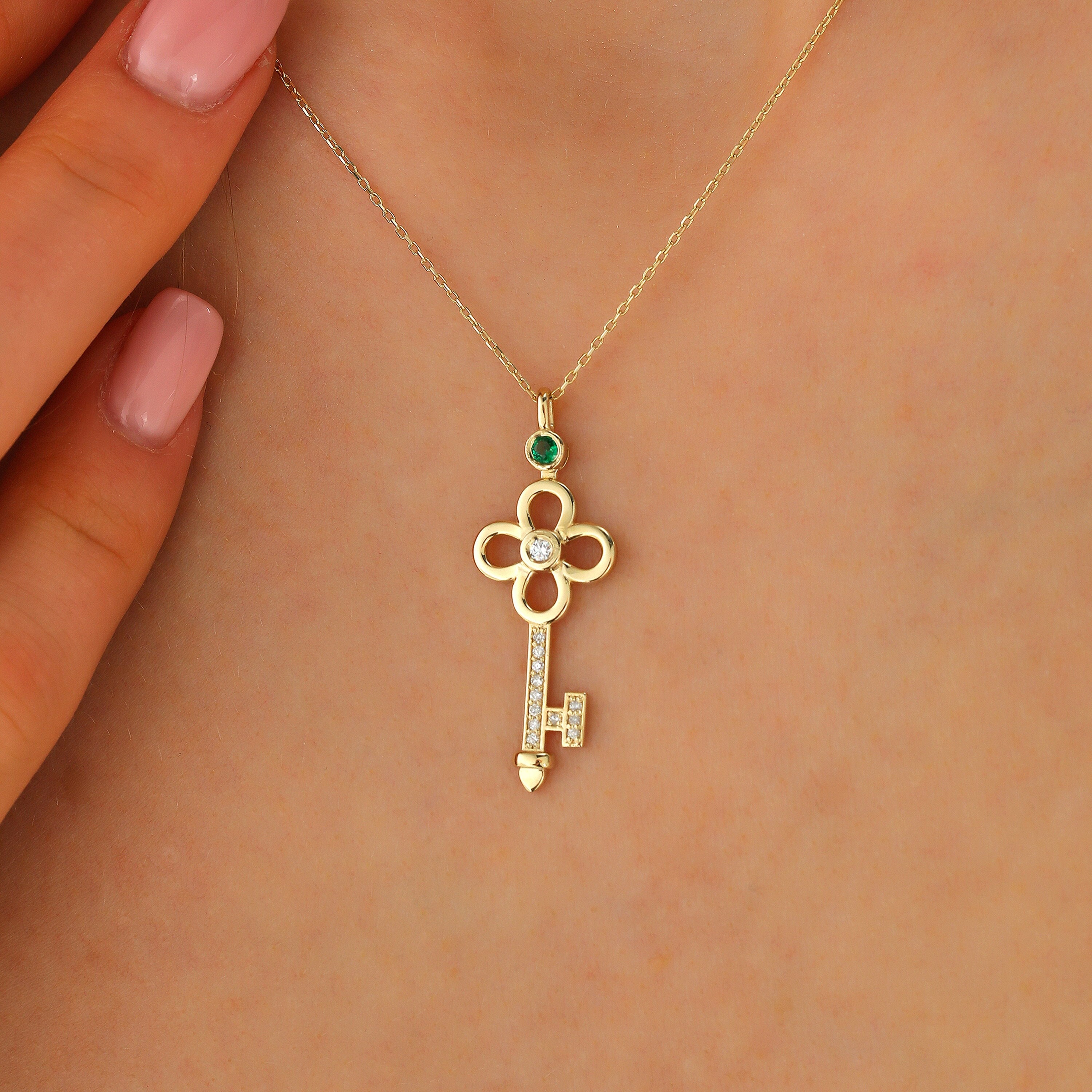 14K Gold Key Necklace: Emerald & Diamond Pendant - Etsy