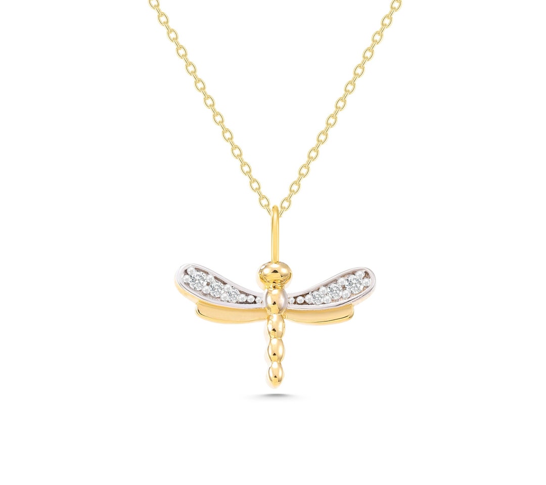 14K Gold Dragonfly Shape Diamond Necklace/ Mini Diamond Dragonfly ...