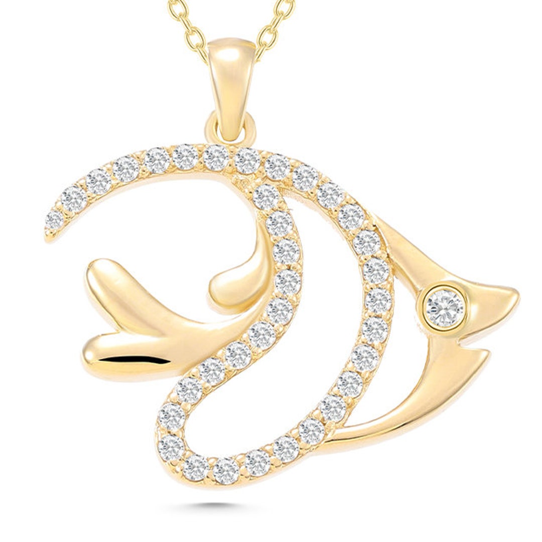 14K Gold Fish Shape Diamond Necklace/ Mini Diamond Fish Necklace/ 14K ...