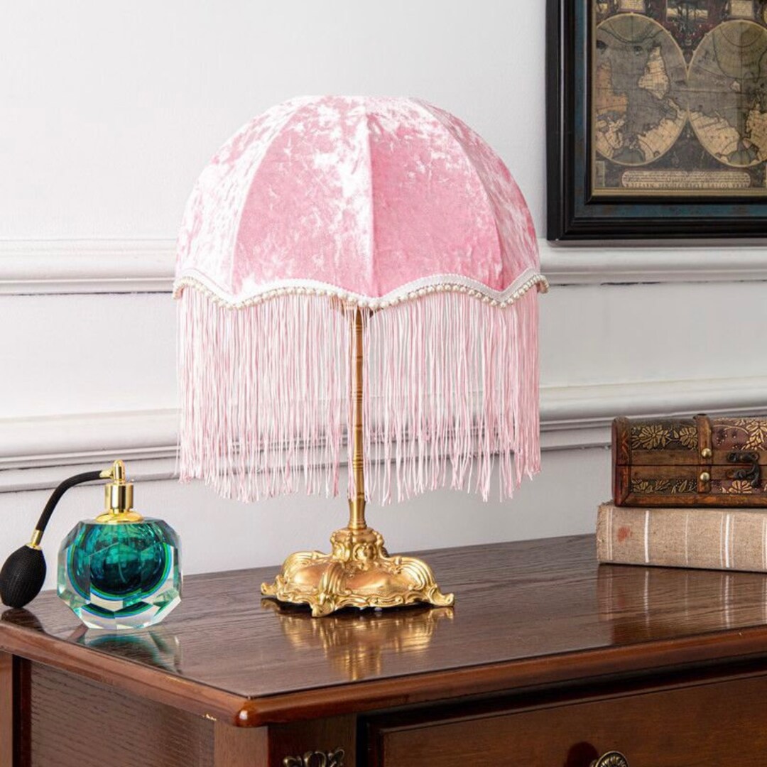 French Style Table Lamp With Pink Velvet Shade and Fringe/ Table ...