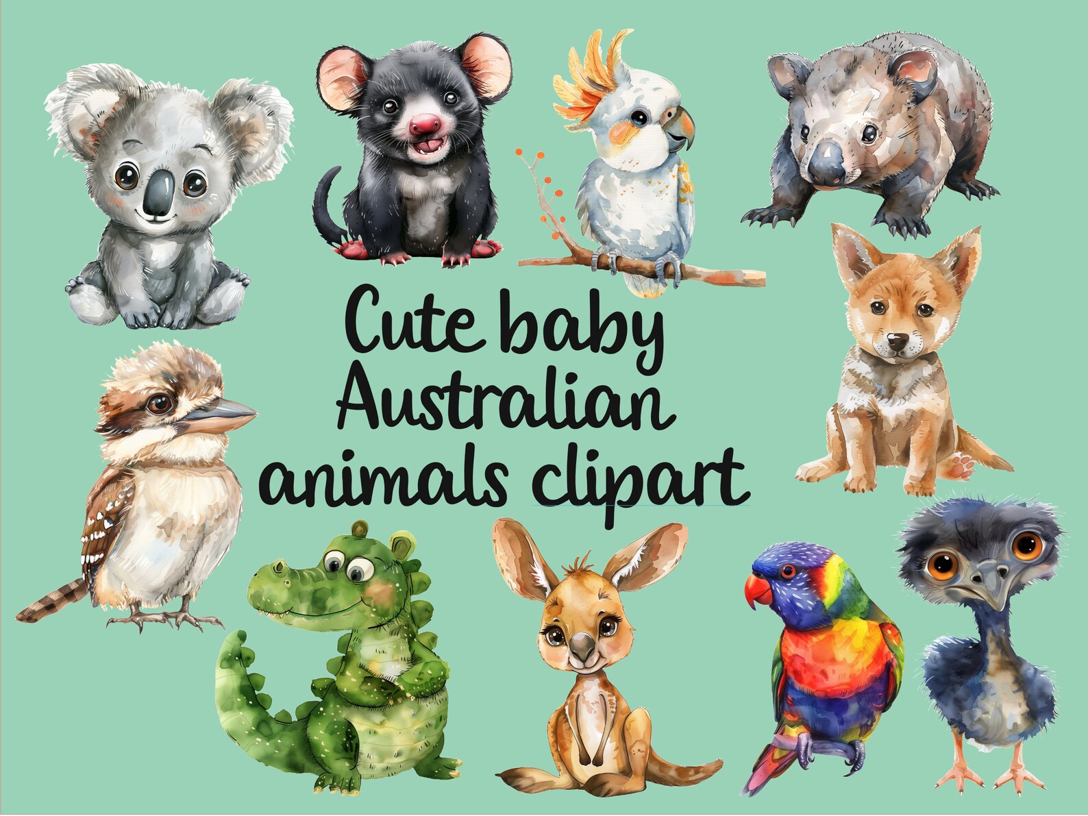 Cute Baby Australian Animals Watercolour Clipart, Digital Stickers ...