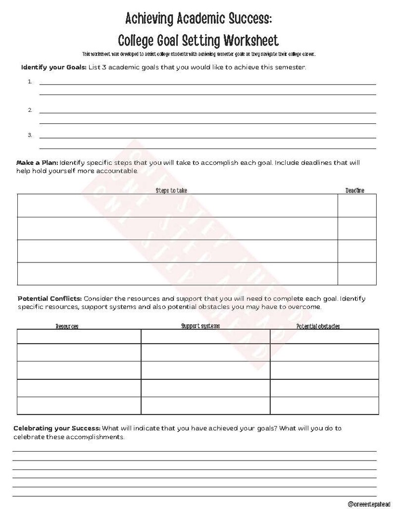 Academic Success Goal-setting Worksheet, College Students, Semester ...