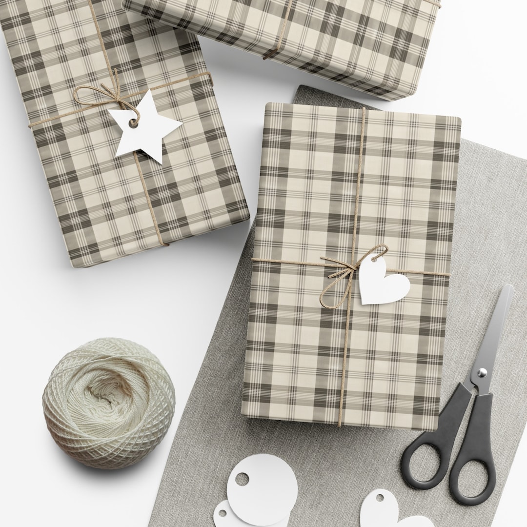 Matte Christmas Neutral Gray and Beige Plaid Stripe Gift Wrap Paper ...