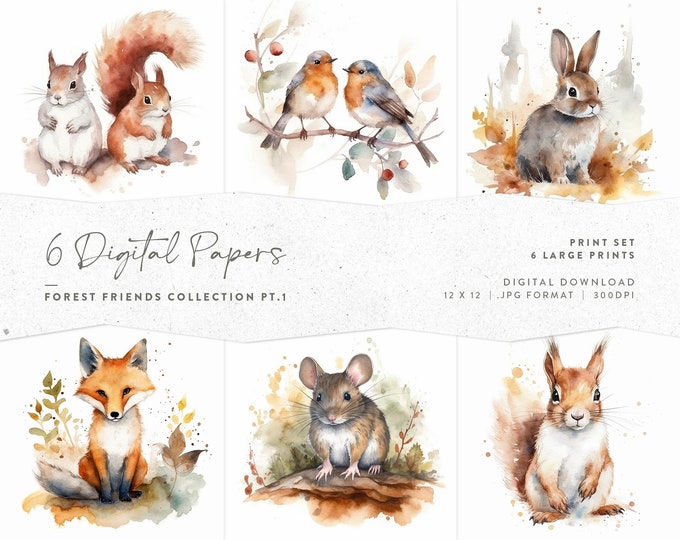 Forest Animals Digital Prints Watercolor Clipart Soft Nature Scrapbook ...