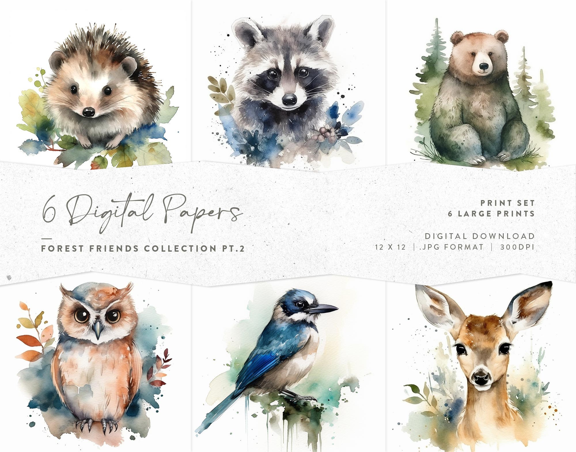 Forest Animals Digital Prints Watercolor Clipart Soft Nature Scrapbook ...