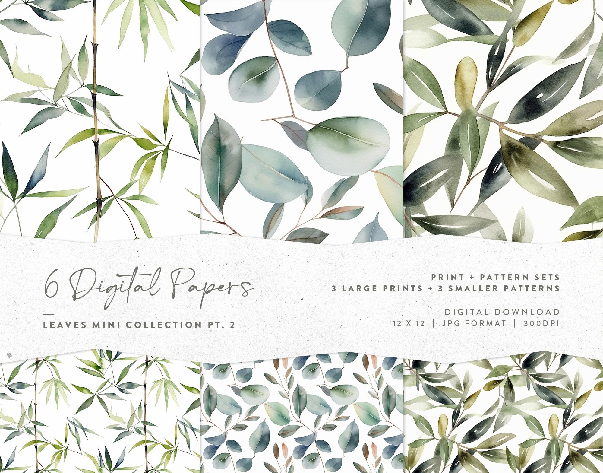 Leaf Digital Paper Pattern Watercolor Clipart Seamless Files Digital ...