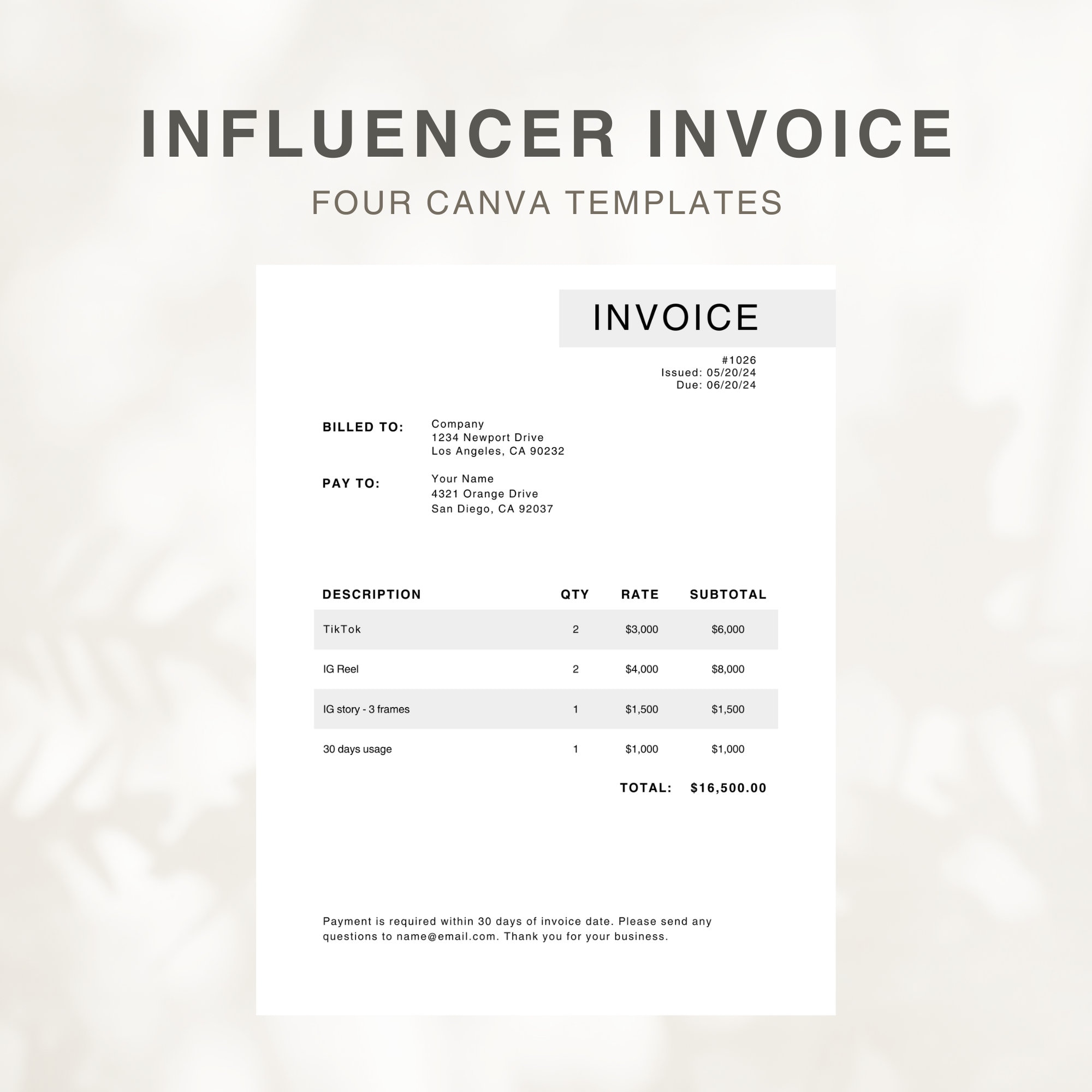 Invoice Template, Influencer Template, Minimalist Invoice Template ...