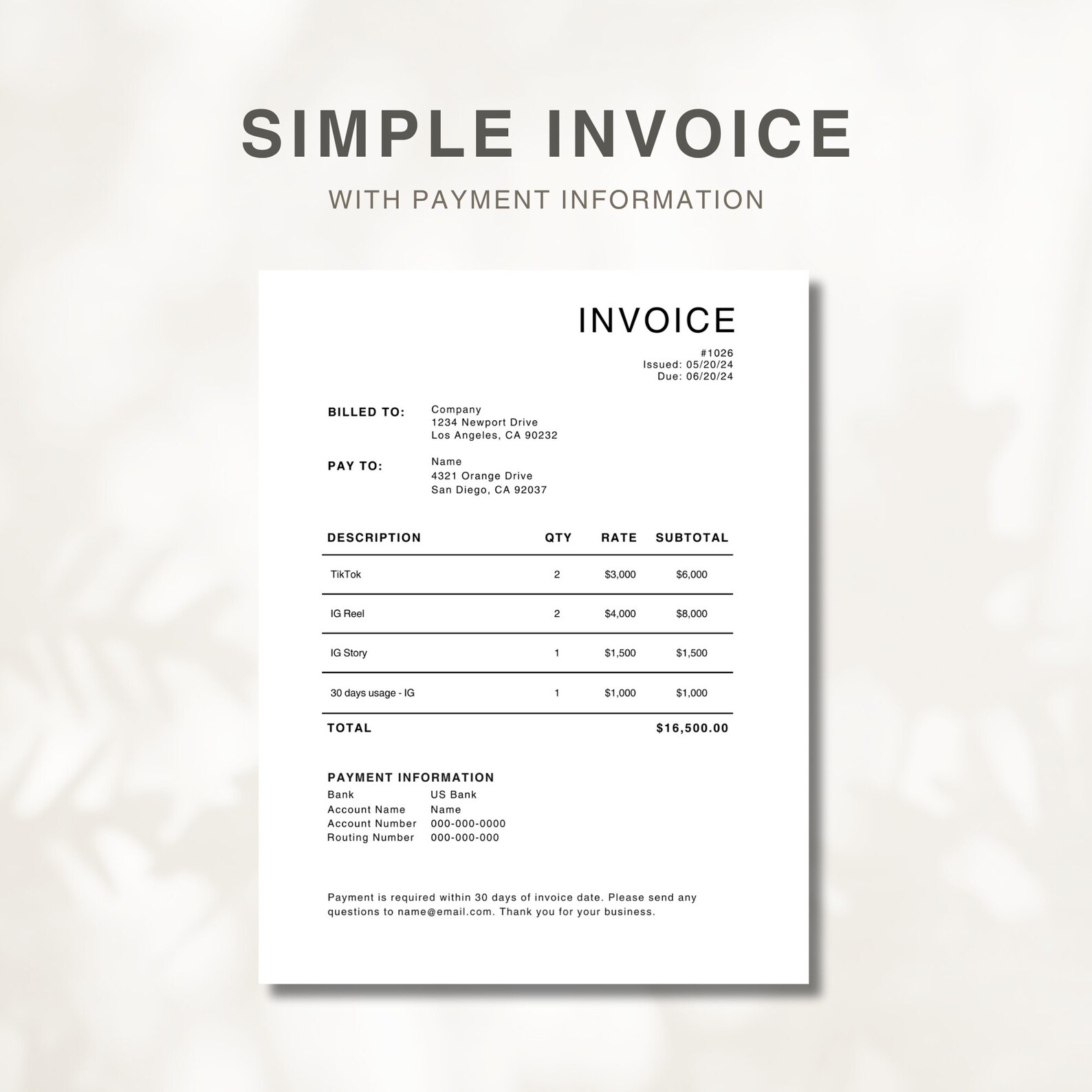 Invoice Template, Influencer Template, Minimalist Invoice Template ...