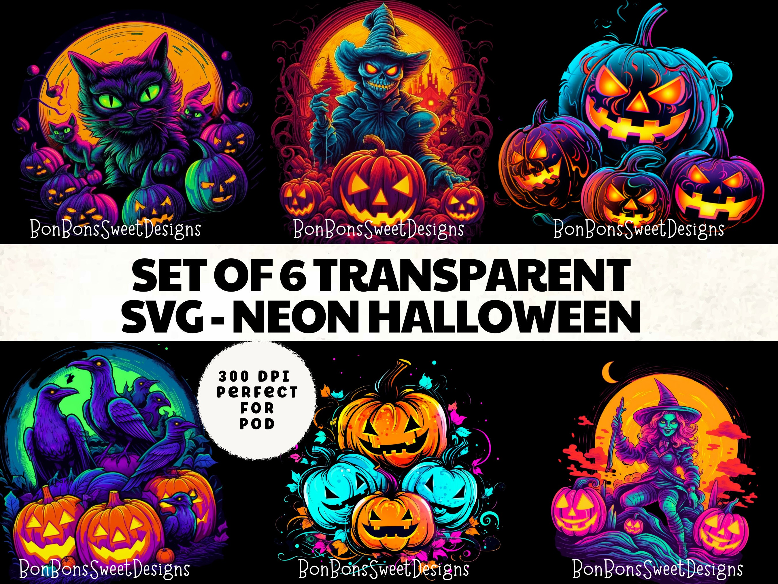 Spooky Halloween Clipart Bundle SVG PNG, Neon Transparent Printable Art ...