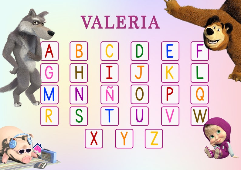 Personalized Masha and Bear Educational Alphabet Poster English Spanish ...