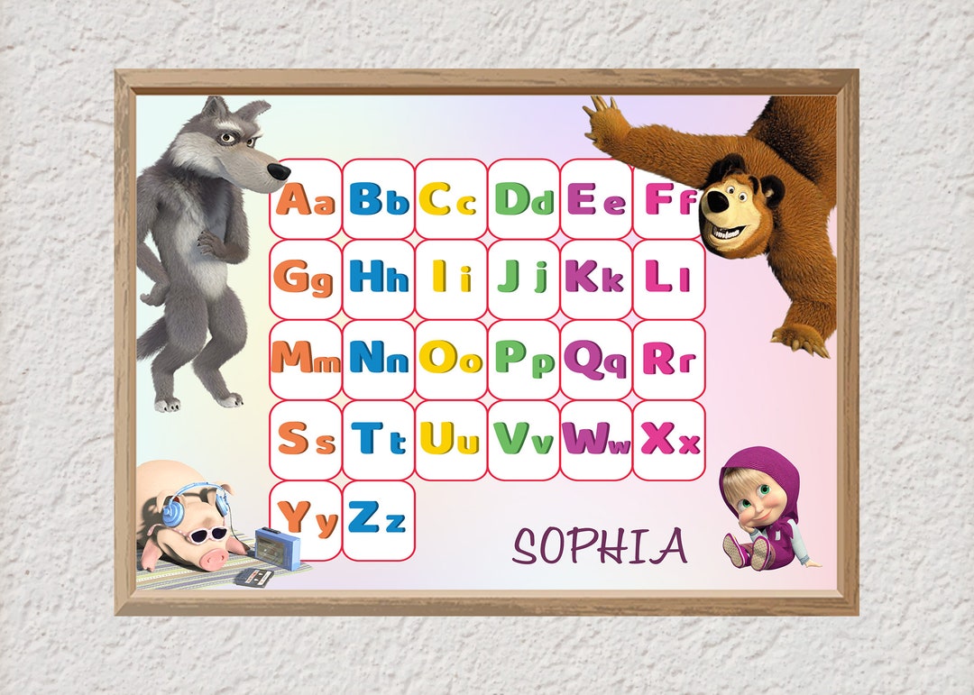 Personalized Masha and Bear Educational Alphabet Poster English Spanish ...