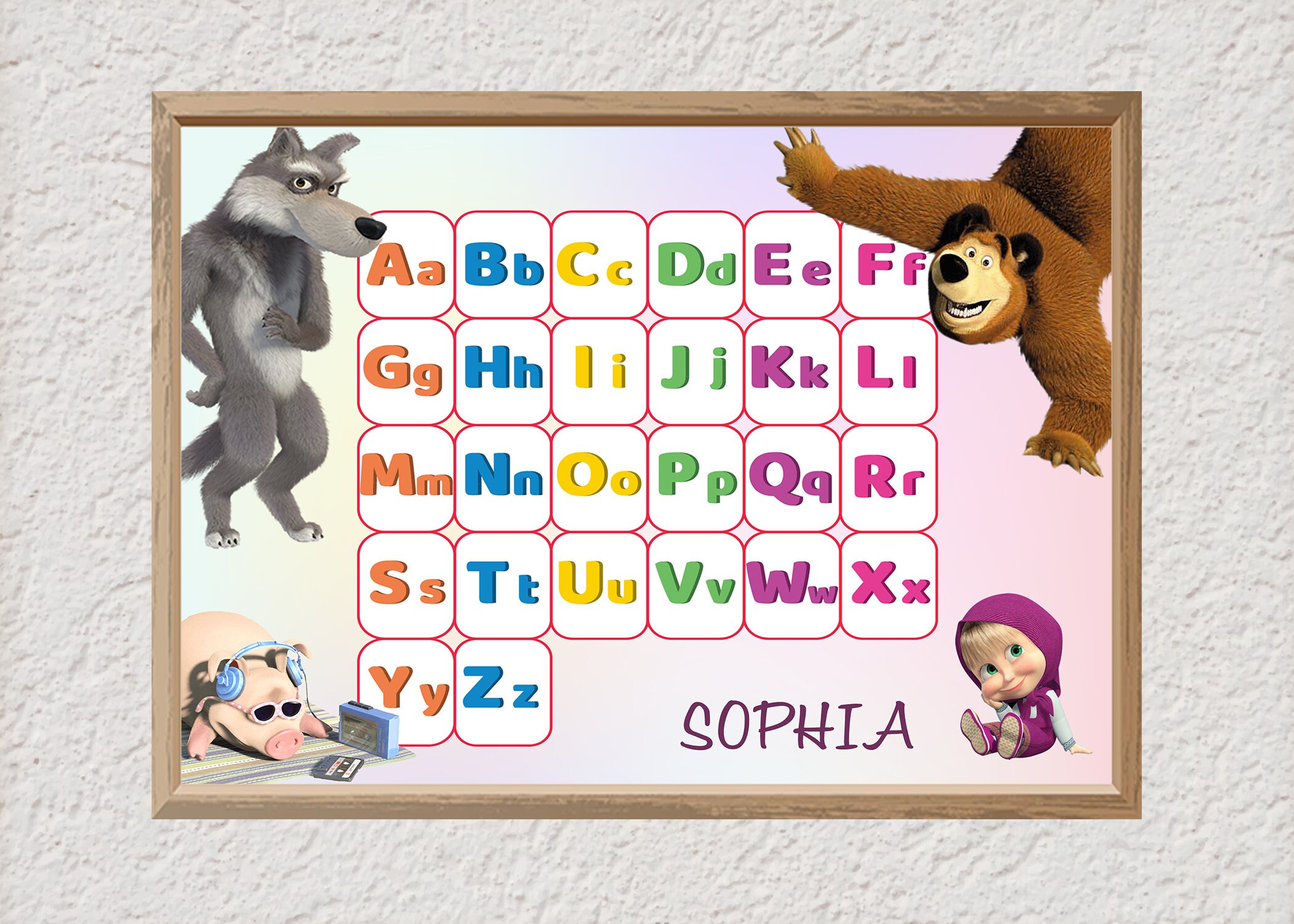 Personalized Masha and Bear Educational Alphabet Poster English Spanish ...
