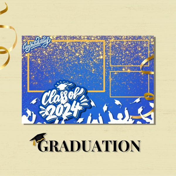 Blue Graduation Photo Booth With Falling Gold Ribbon Template Postcard ...
