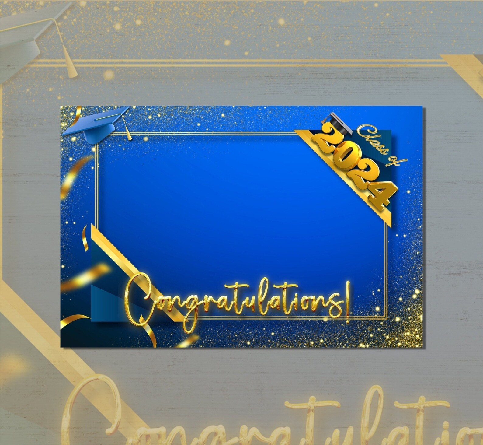 Blue Graduation Photo Booth With Falling Gold Ribbon Template Postcard ...