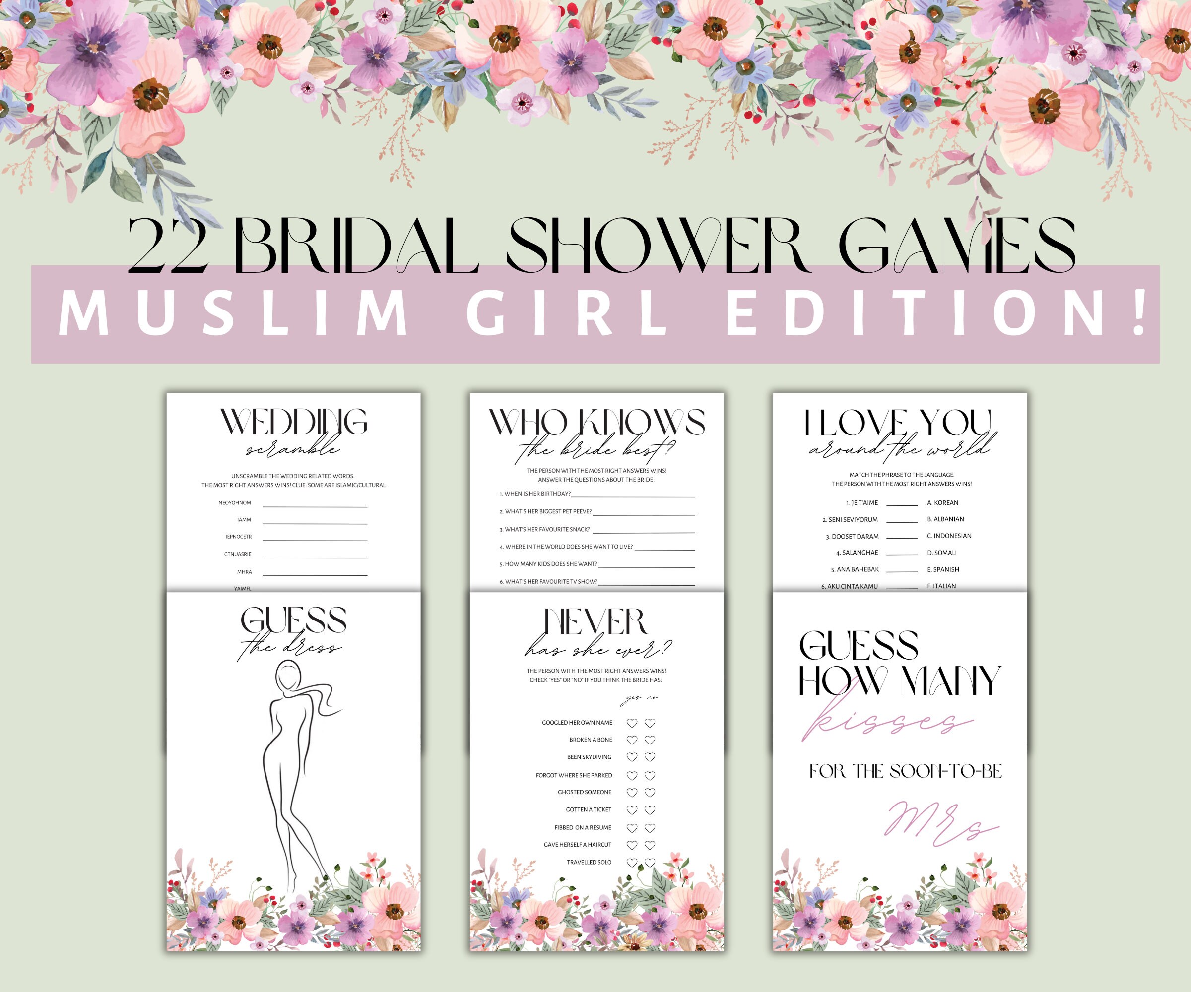 Muslim Bridal Shower Games, 22 GAME BUNDLE, Printable, Floral Theme ...