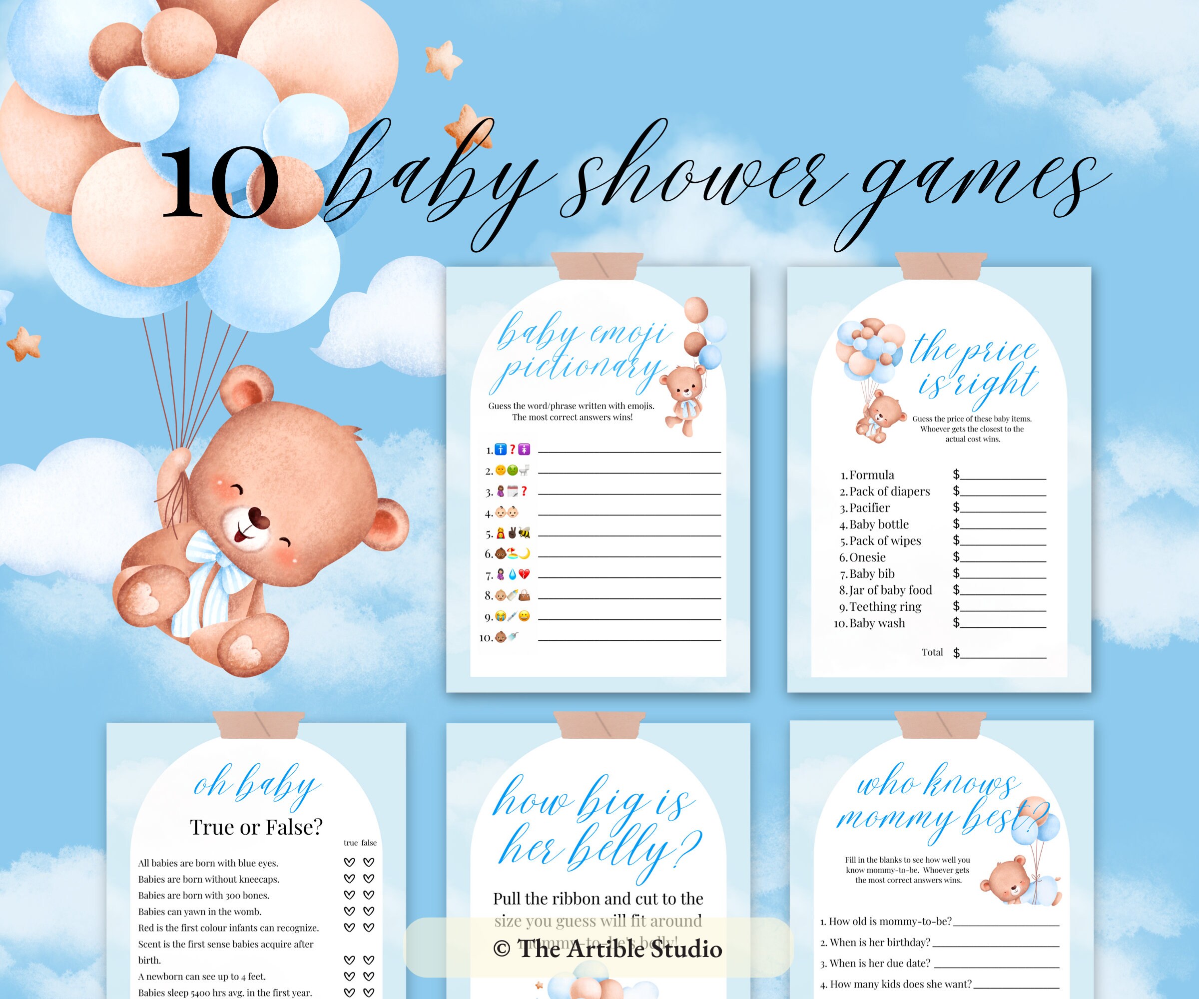 Bear Baby Shower Games, 10 GAME BUNDLE, Instant Download, Blue Theme ...