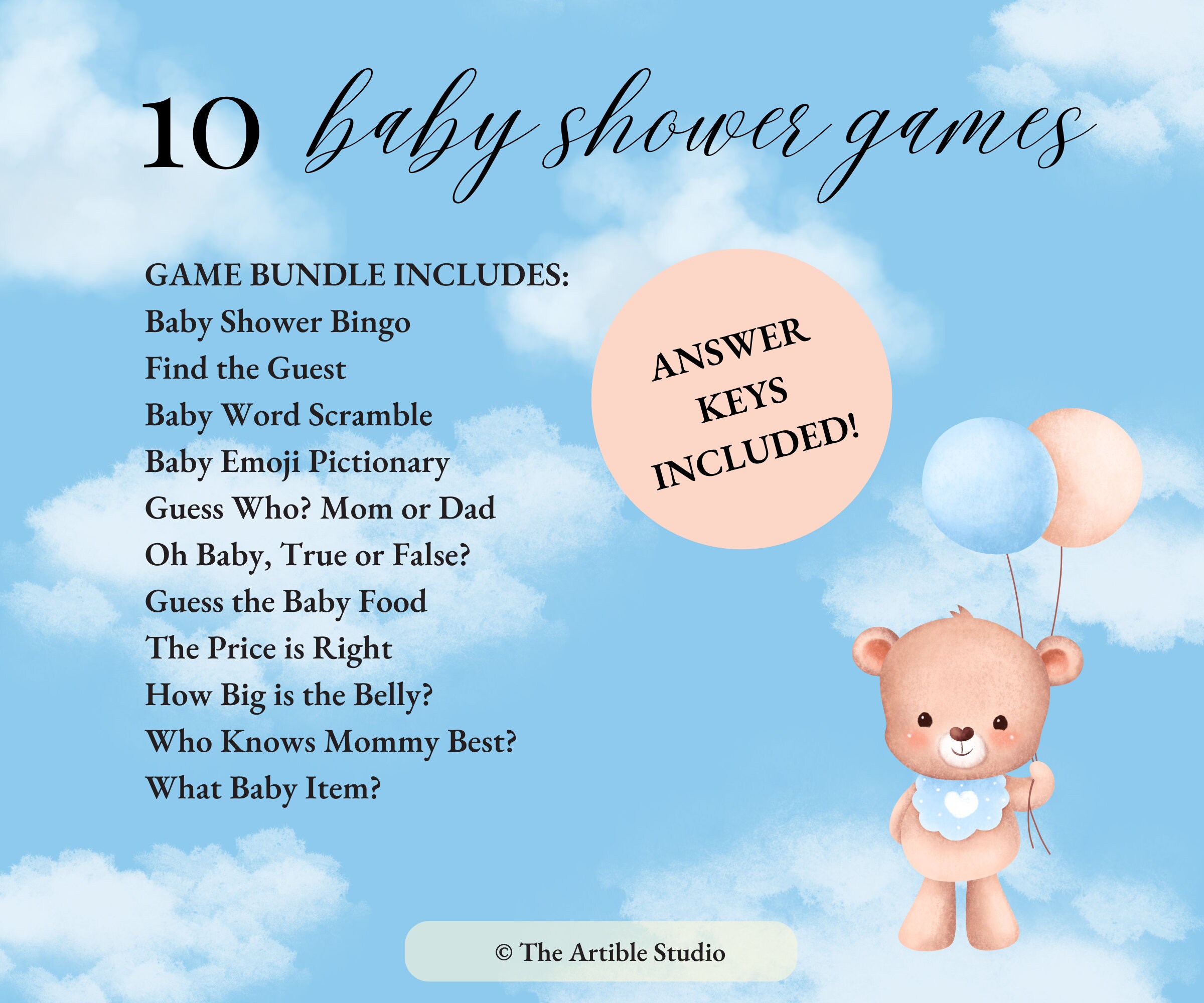 Bear Baby Shower Games, 10 GAME BUNDLE, Instant Download, Blue Theme Printable, Balloon Theme ...