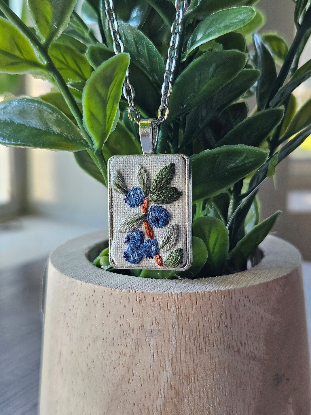 Hand Embroidered Wild Blueberry Pendantwild Blueberry Necklacestatement ...