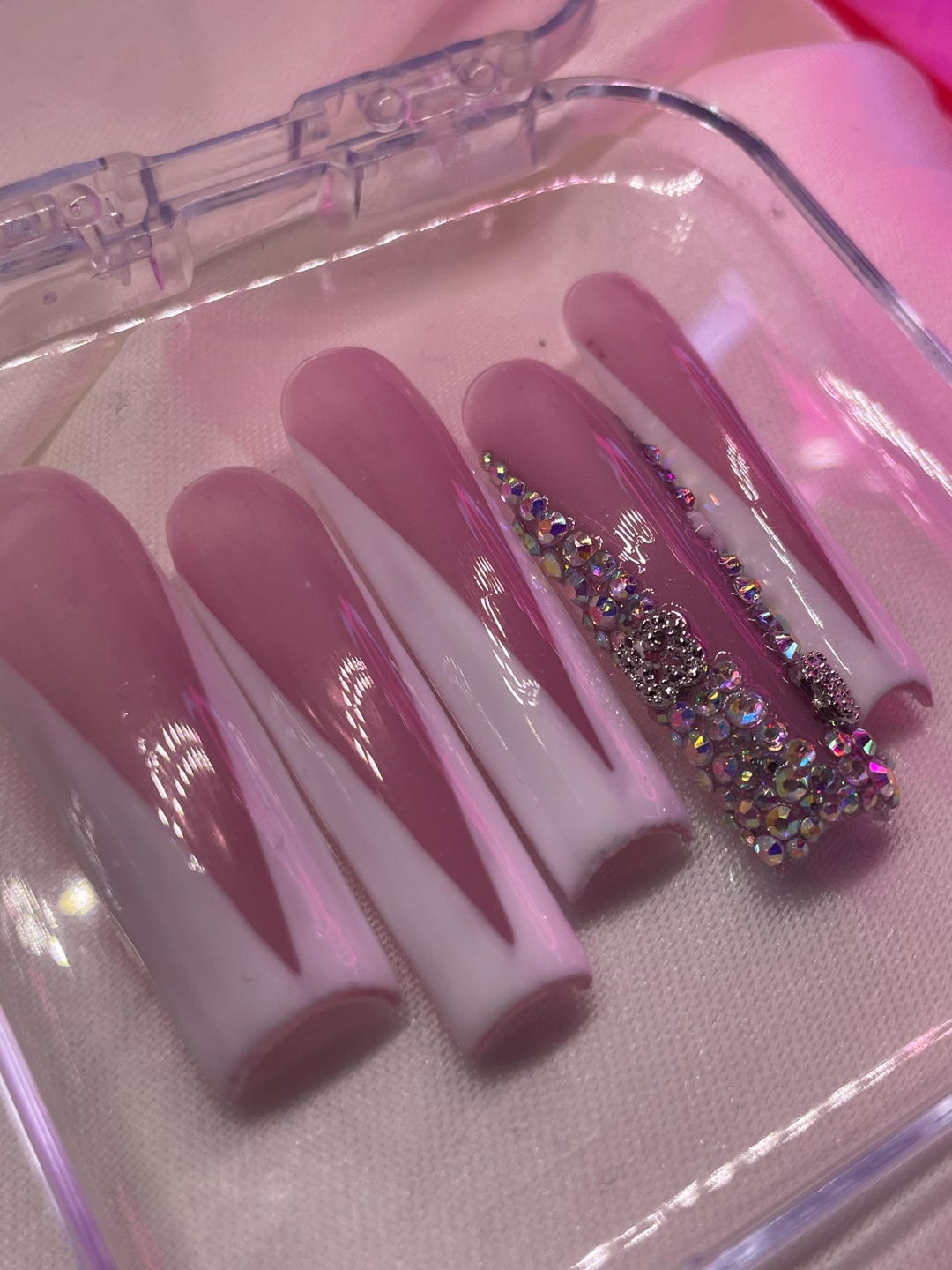 White V Shape French Tip - Press on Nails | Blinged Out V Tip | Pink ...
