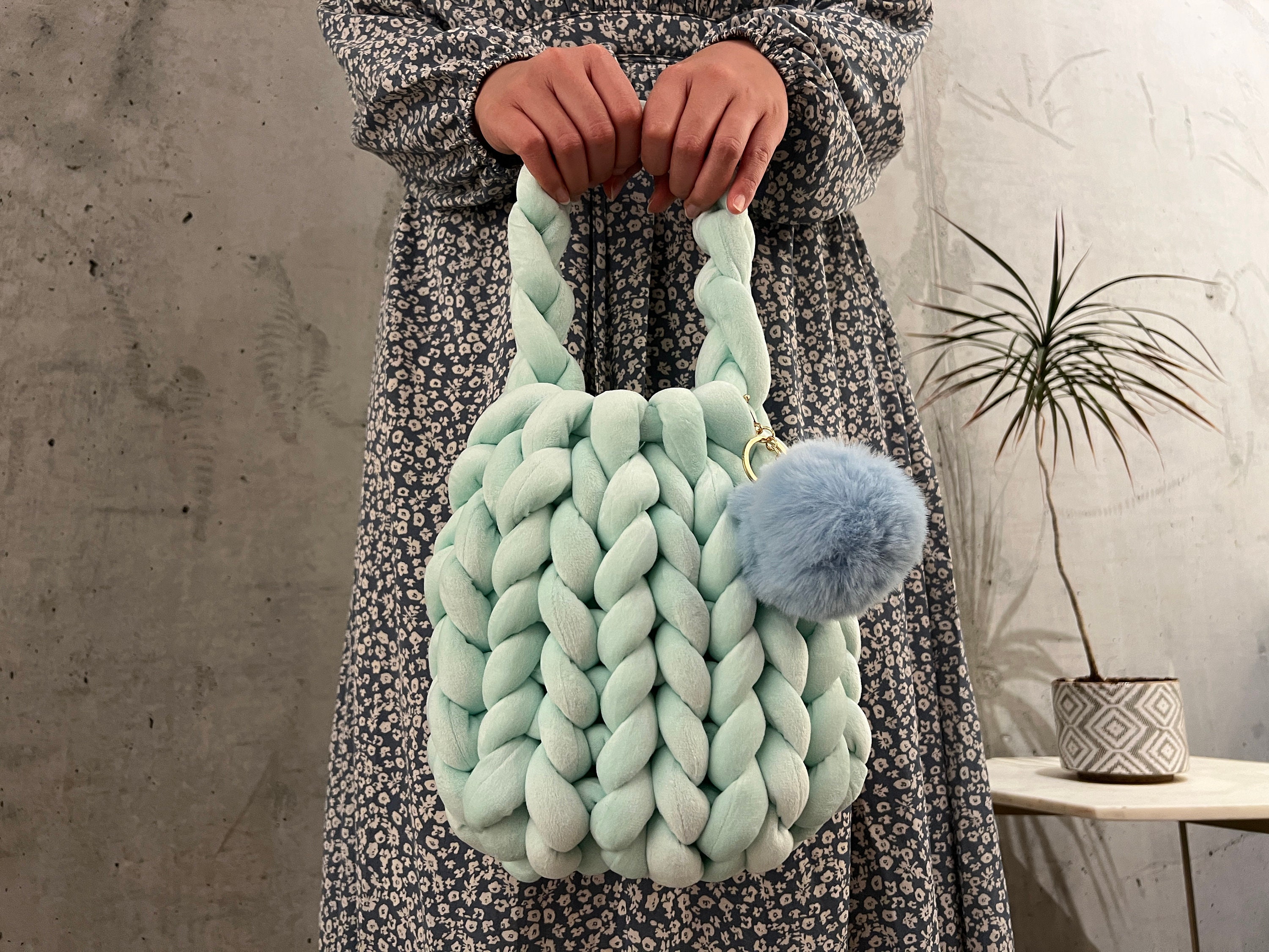 Chunky Knit Bag Chunky Velvet Knit Bag Crochet Knit Bag Hand Knit ...