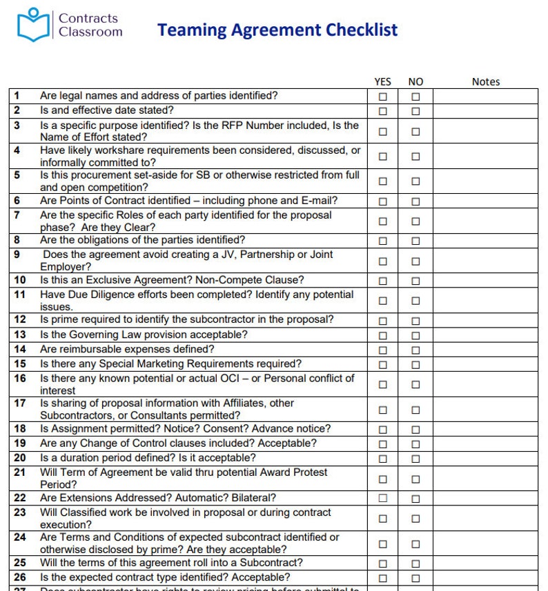 Teaming Agreement Checklist for Government Contracting - Etsy