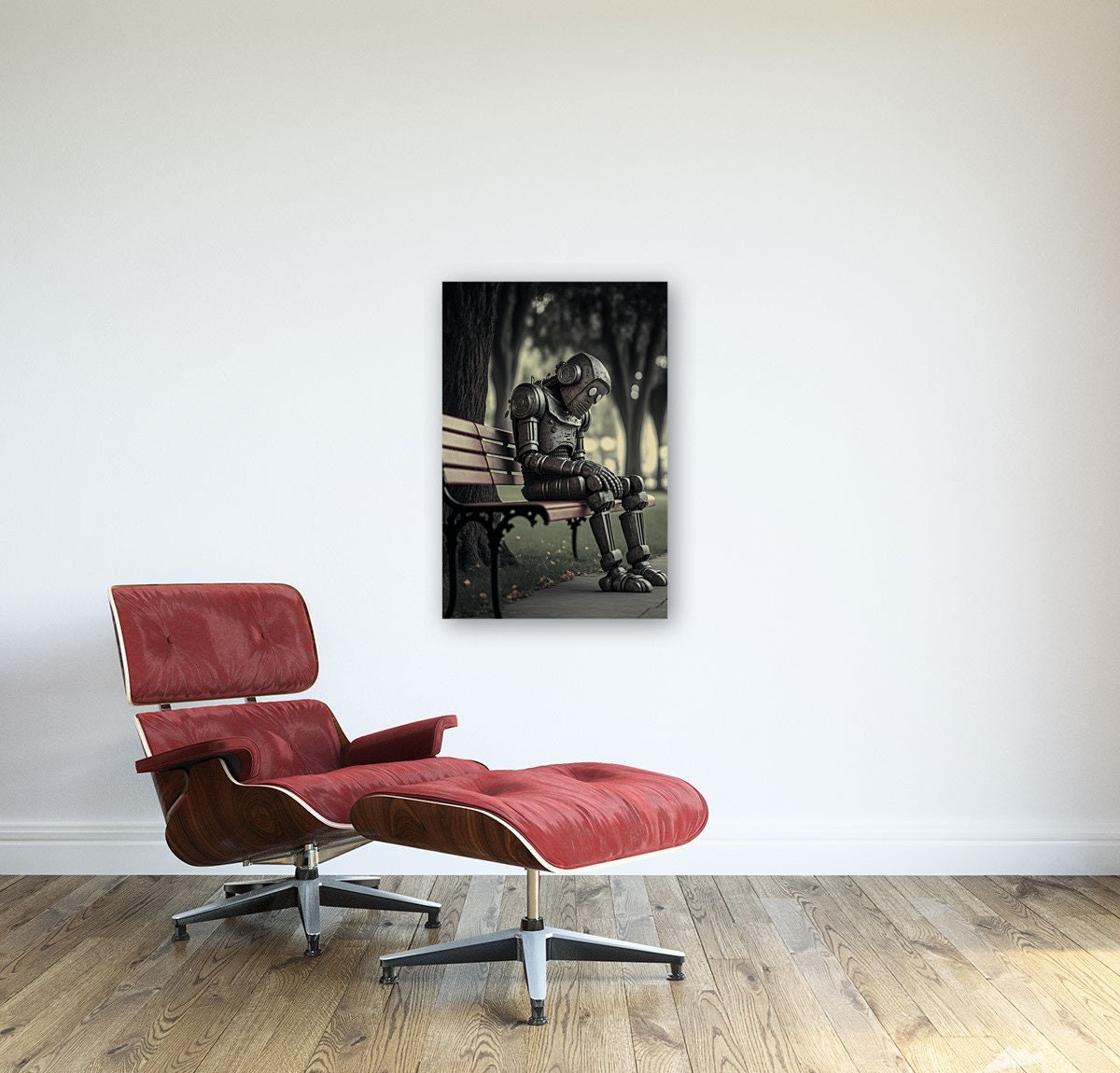 Neurosopher Sad Robot on Bench Cute Satire Contemporary Wall Art Canvas Art Memorable Gift Decor ...