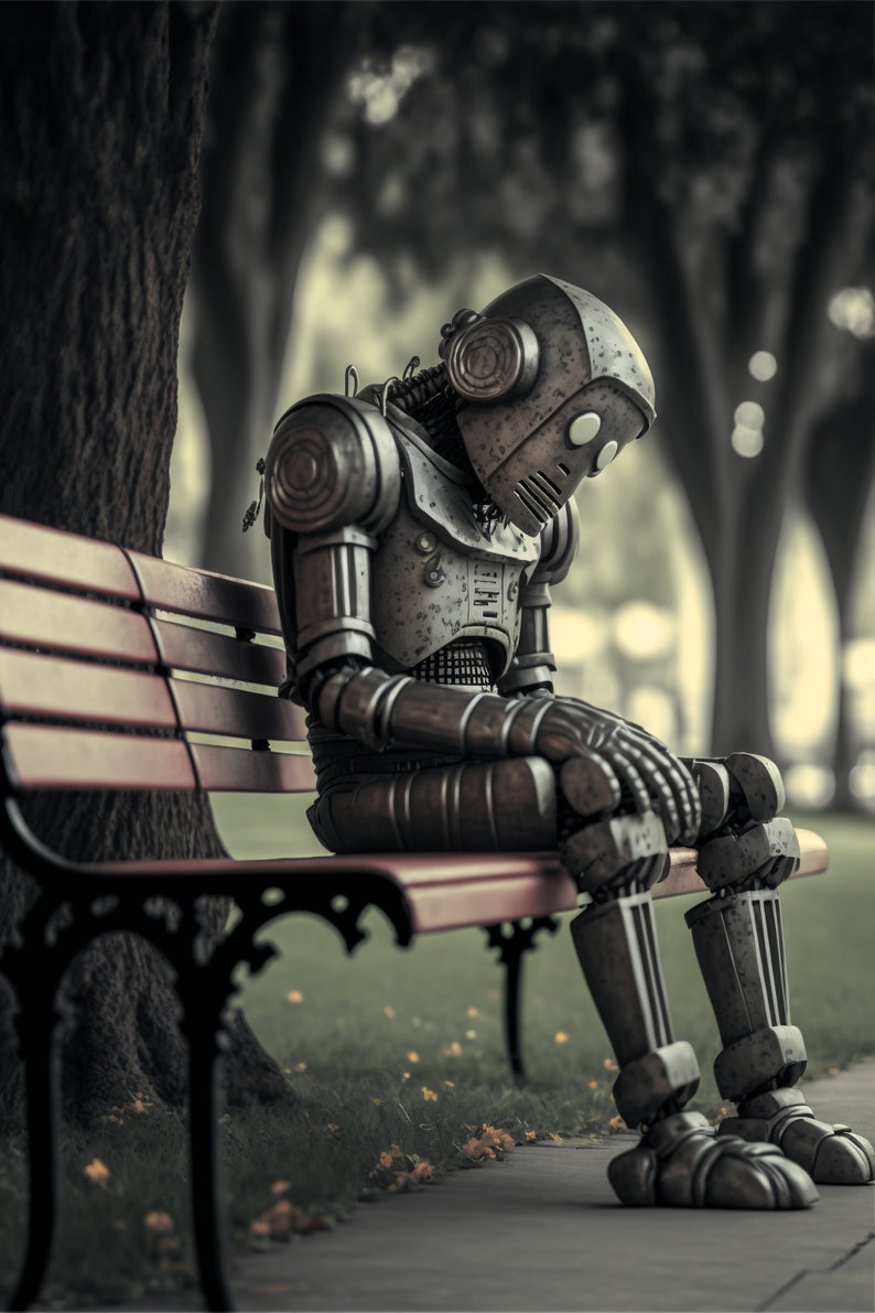 Neurosopher Sad Robot on Bench Cute Satire Contemporary Wall - Etsy