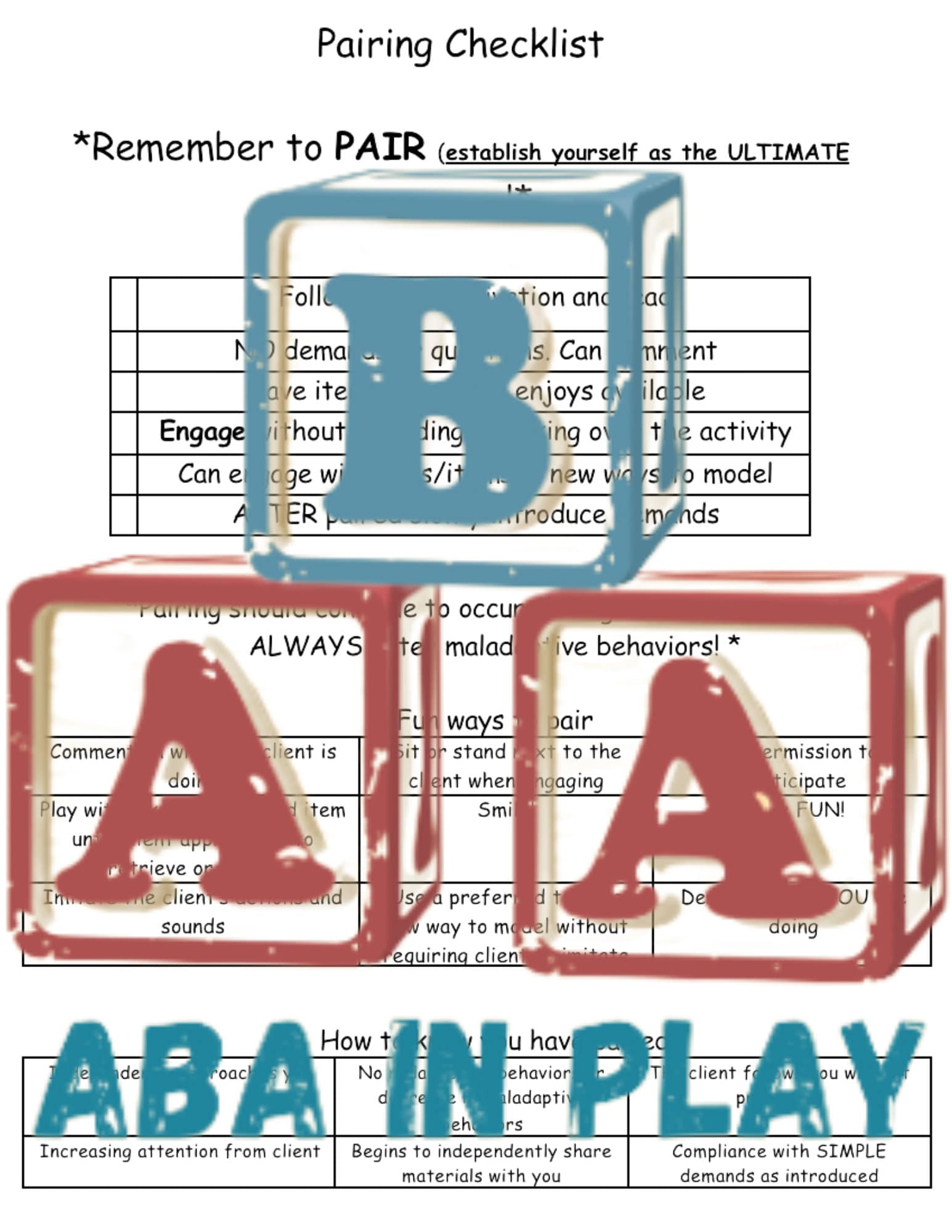 Aba Pairing Tracker Pairing Checklist And Free Operant Preference
