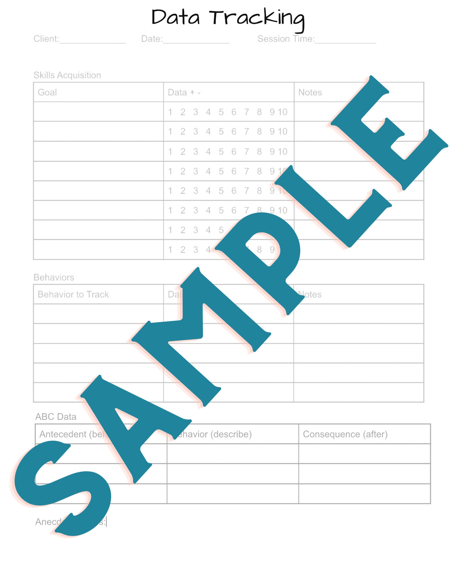 ABA Data Tracker and Session Note Sheets With Examples for Rbts and ...