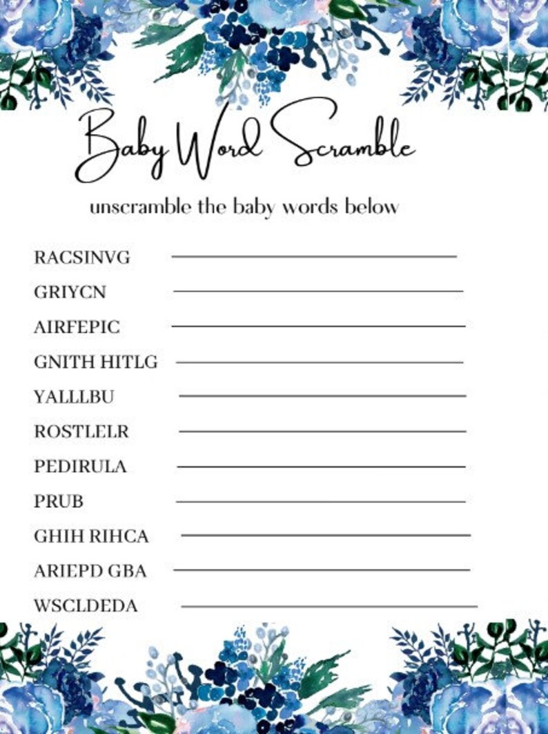 Blue Floral Baby Shower Games Printable, Baby Shower Games Bundle, Baby ...